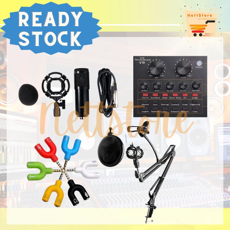 Jual Paket Rekaman Lengkap Microphone Mikrofon Stand Soundcard V8 ...