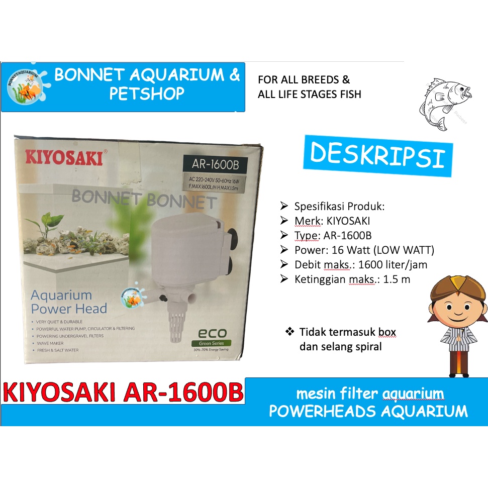 Jual POMPA AIR CELUP AQUARIUM KIYOSAKI AR - 1600 B POWER HEAD LOW WATT 16 W | Shopee Indonesia