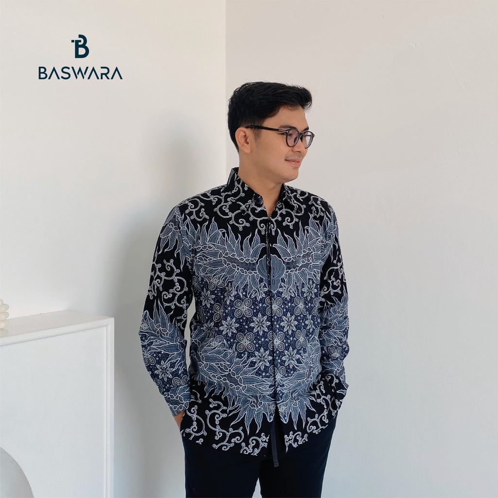 Jual Baswara Batik Bestari Lengan Panjang Biru Hitam A39 | Shopee Indonesia
