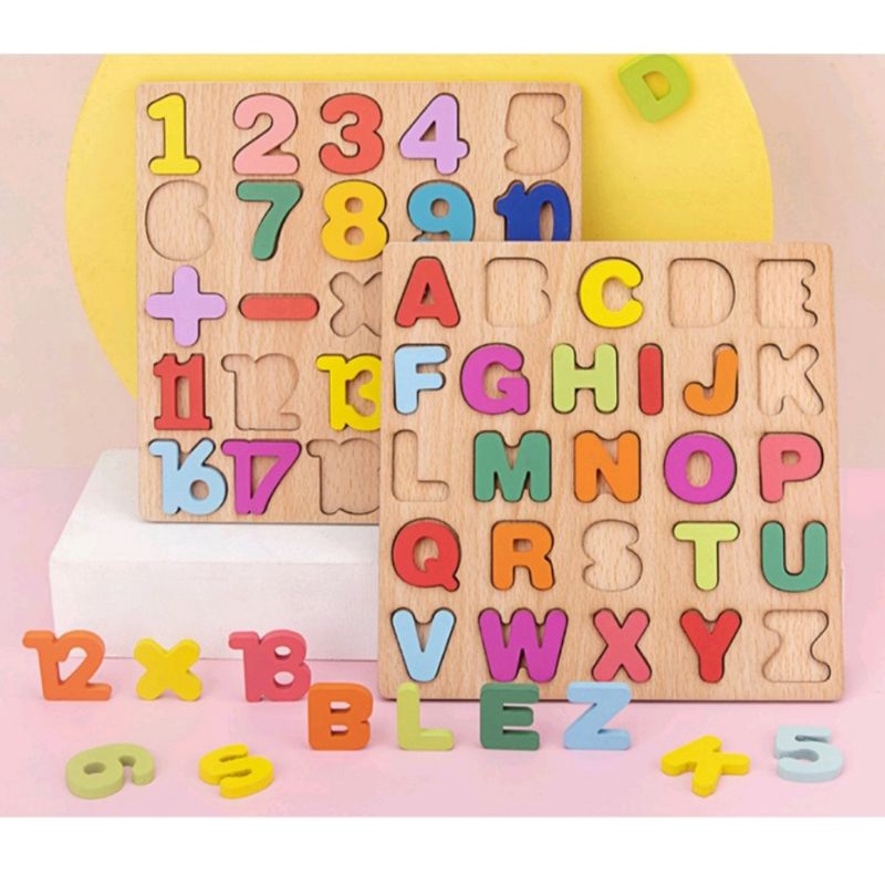 Jual wooden puzzle number alphabet angka huruf | Shopee Indonesia