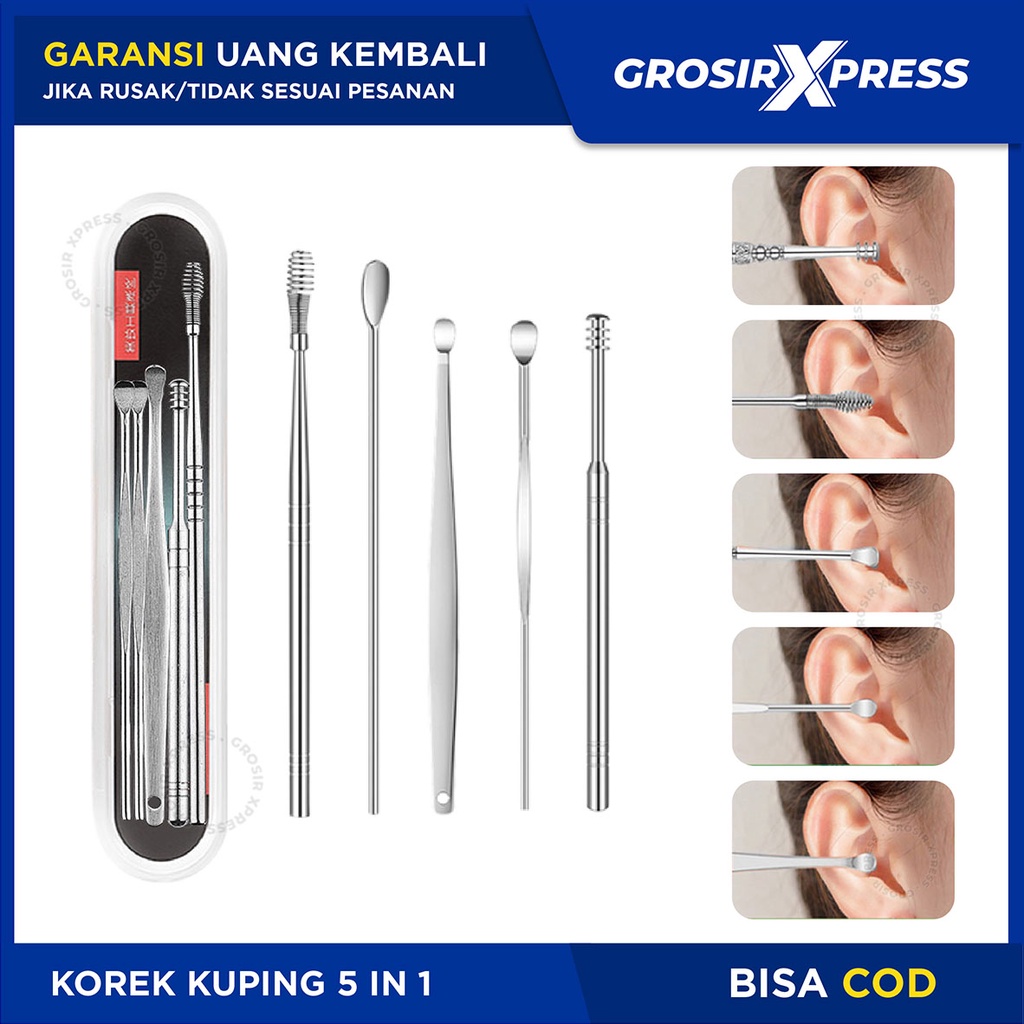 Jual Korek Kuping Set Stainless Cotton Buds Pembersih Telinga 5 IN 1 ...