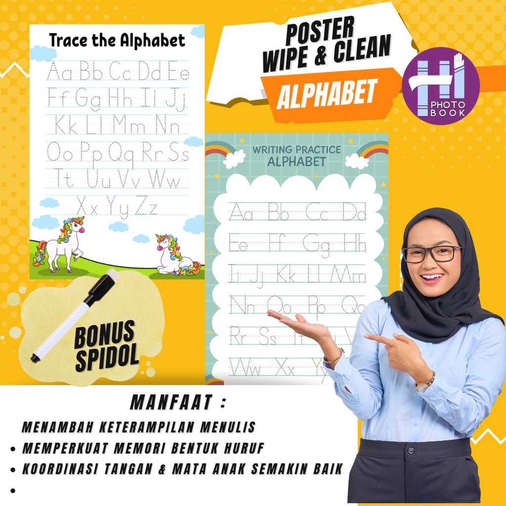 Jual Poster abjad alphabet tracing edukasi anak WIPE & CLEAN Free ...