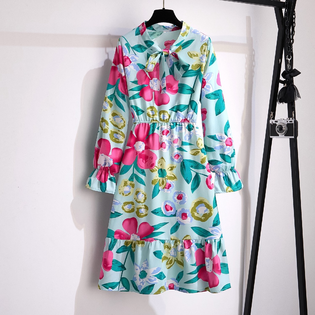 Jual Tianshun New Fashion Floral A-line Long Sleeves Midi Dress Sifon ...