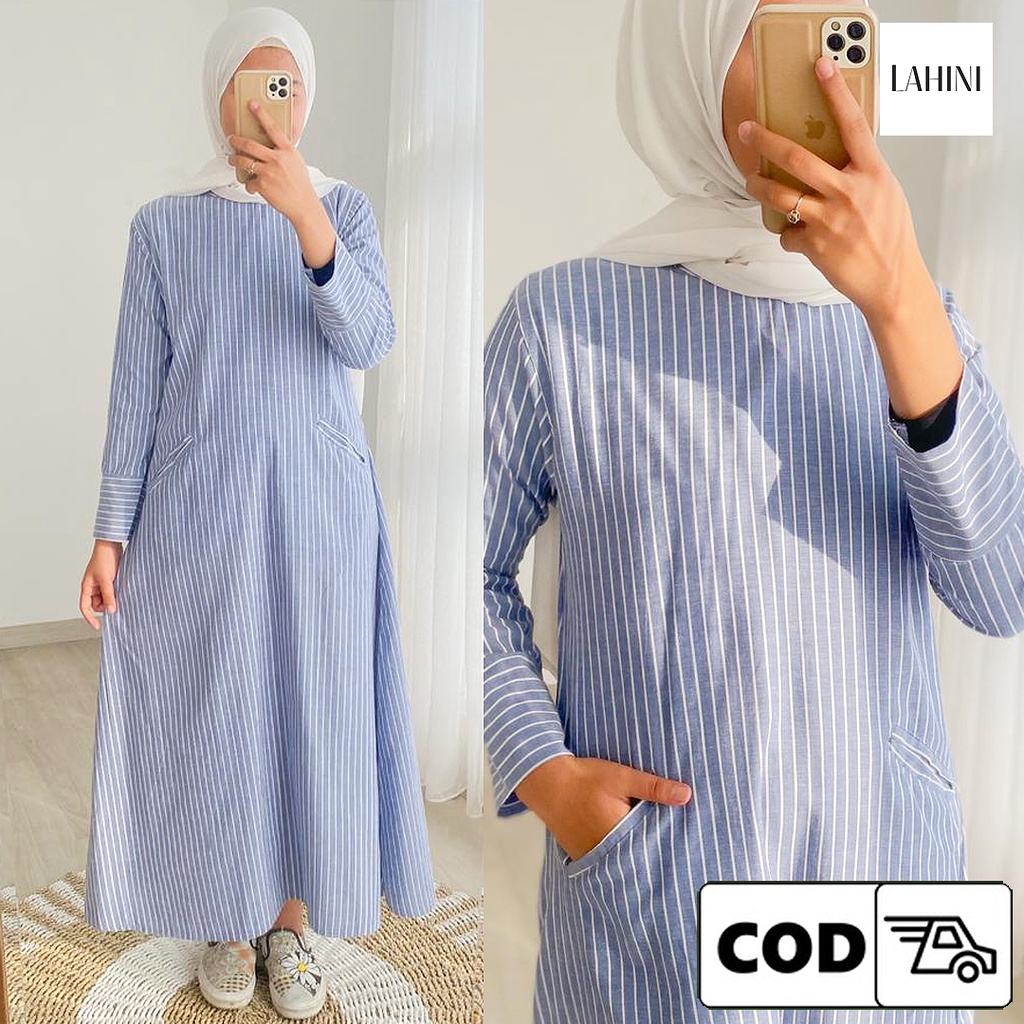 Jual Dress Wanita Kekinian Dress Muslimah Mewah Cantik Motif Salur Garis Remaja Dewasa Bahan ...