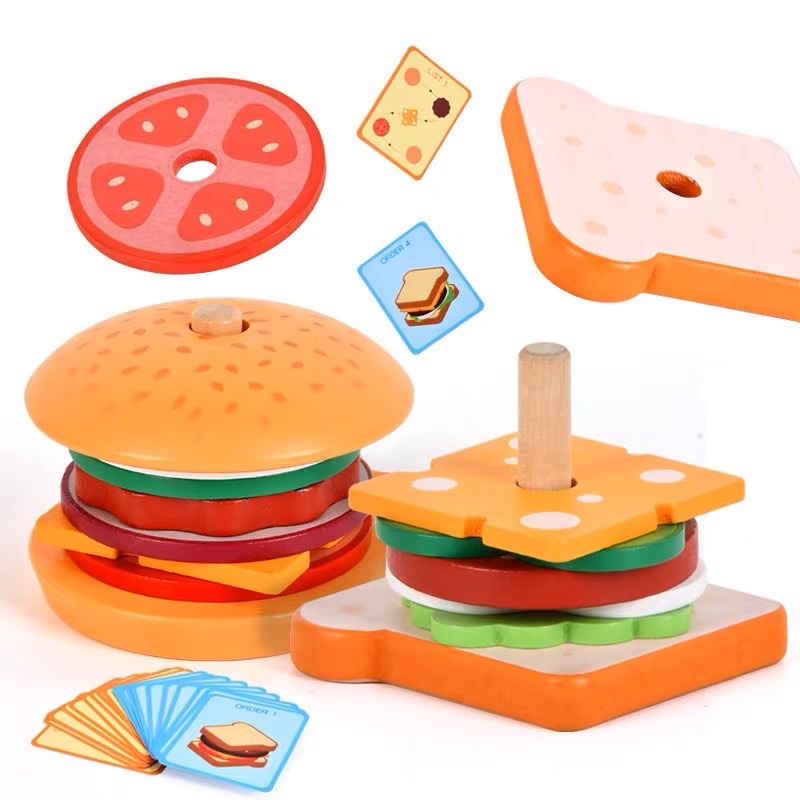 Jual stackable wooden burger sandwich pretend plays mainan susun burger ...