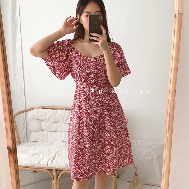 Jual Dress Korea / Floral Dress Merah / Dress Merah Natal / Dress Imlek ...