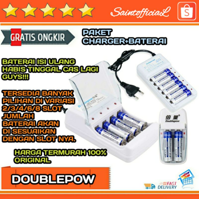 Jual Paket Baterai + charger AA dan AAA Rechargeable DOUBLEPOW Batre Battery Cas isi ulang murah ...