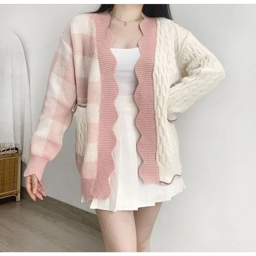 Jual Cardigan Outer Rajut Wanita Cable Mix Square Kotak Kombinasi 2 Warna | Shopee Indonesia