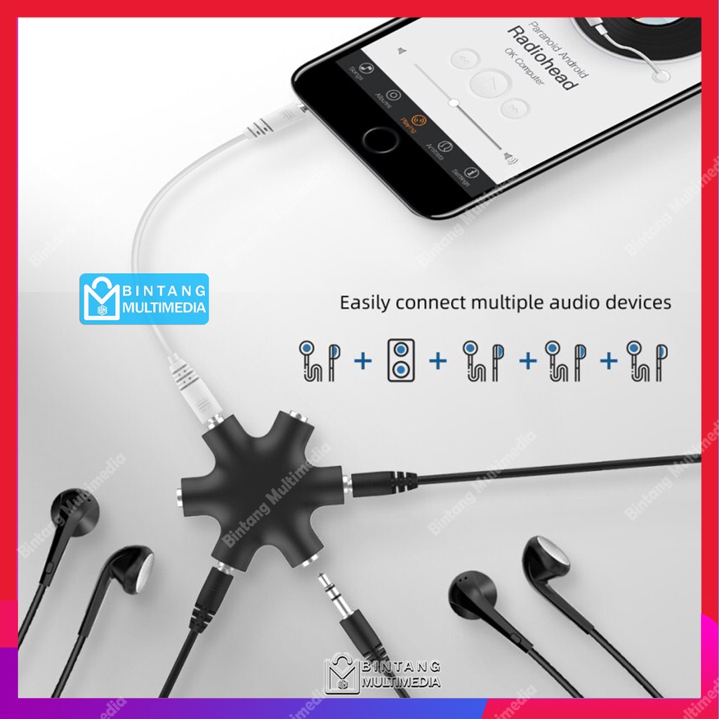 Jual AUX Hub 6 Cabang Port Audio Headset Speaker Earphone 3.5mm Male to ...