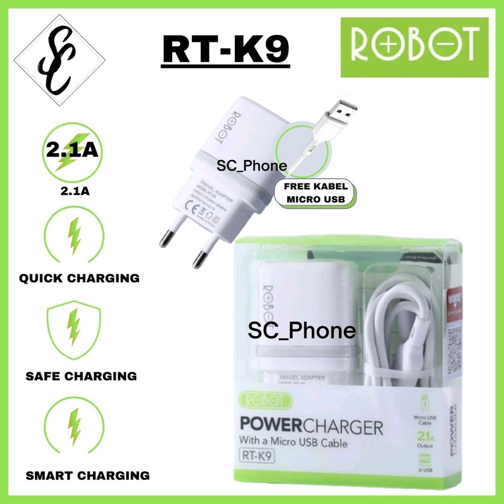 Jual CHARGER ROBOT RT-K9 12W DUAL PORT 2.1A FREE CABLE MICRO USB ...