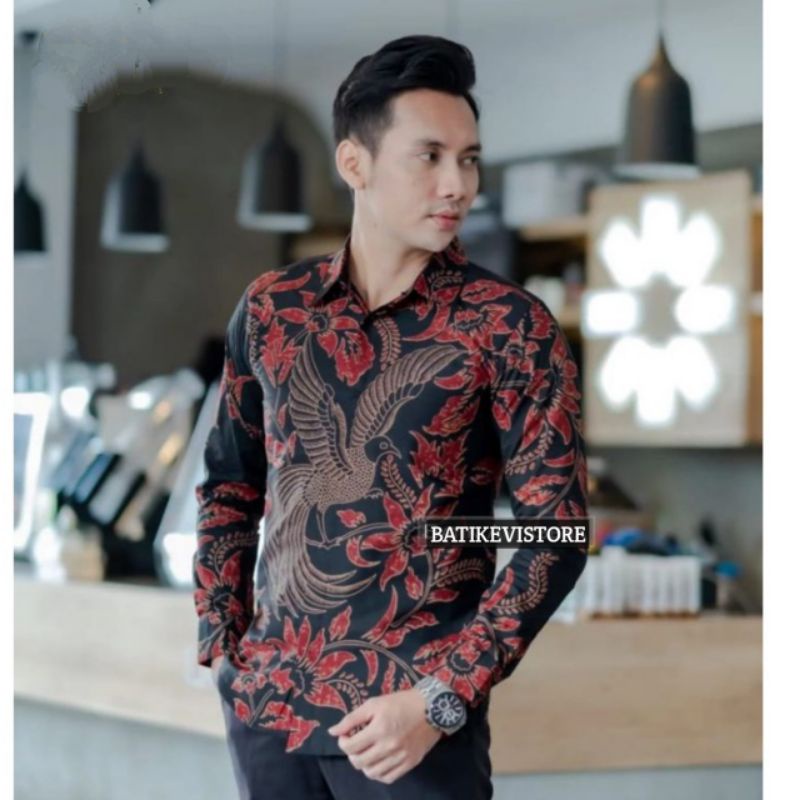 Jual merak merah kemeja batik pria lengan panjang slimfit lapis furing ...