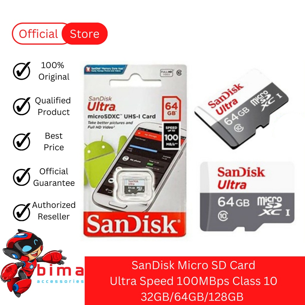 Jual SANDISK Original MicroSD Micro SD Card 32GB/64GB/128GB Ultra Speed 100MBps | Shopee Indonesia