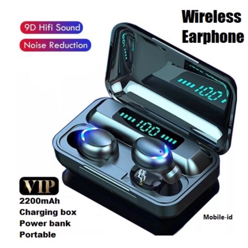 Jual Headset Bluetooth LED 2200mAh Power Bank TWS F-9 With Mic 9D Bass ...