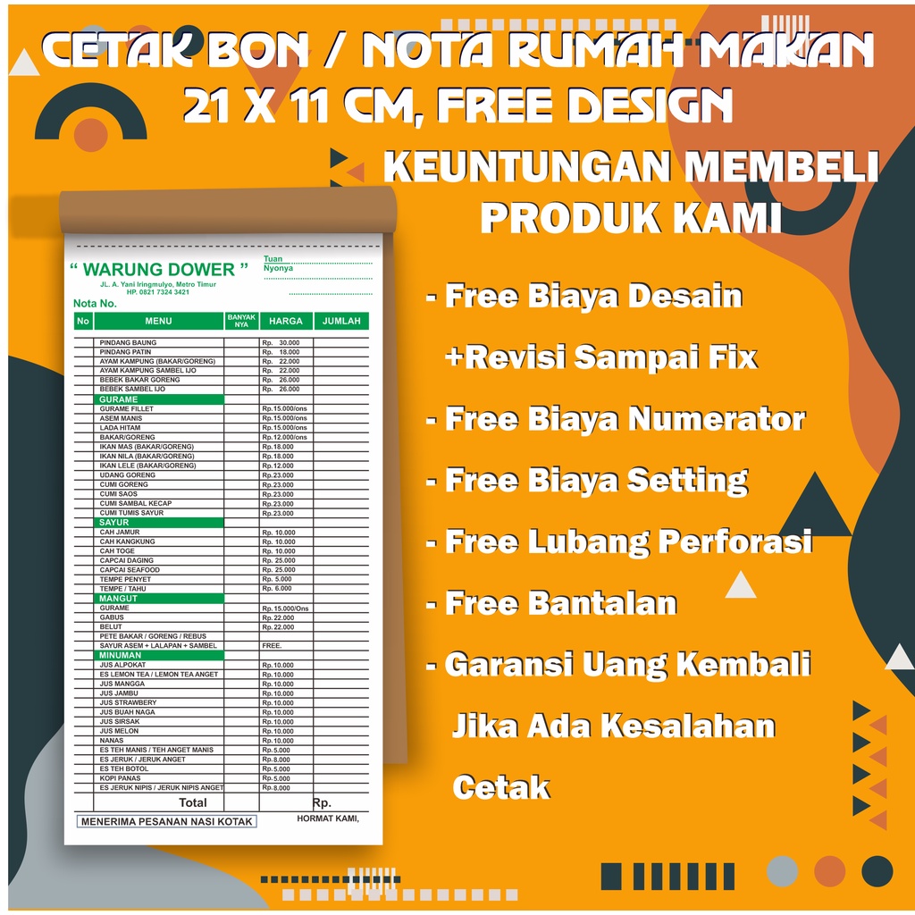 Jual CETAK NOTA/BON RUMAH MAKAN CUSTOM, KWITANSI, SURAT JALAN, DLL ...