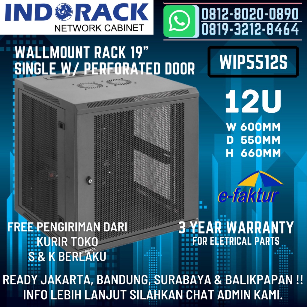 Jual INDORACK Wallmount Rack 12U Depth 550mm Perforated/Single Door Rak ...