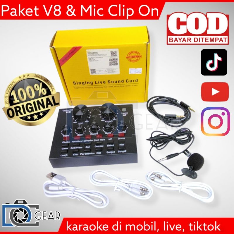Jual Paket sound card V8 + mic clip on utk live, karaoke di mobil | Shopee Indonesia