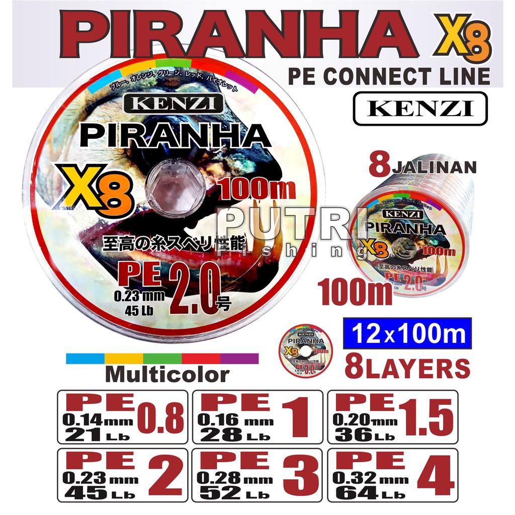 Jual senar PE KENZI PIRANHA X8 100m Multicolor Connecting | Shopee Indonesia