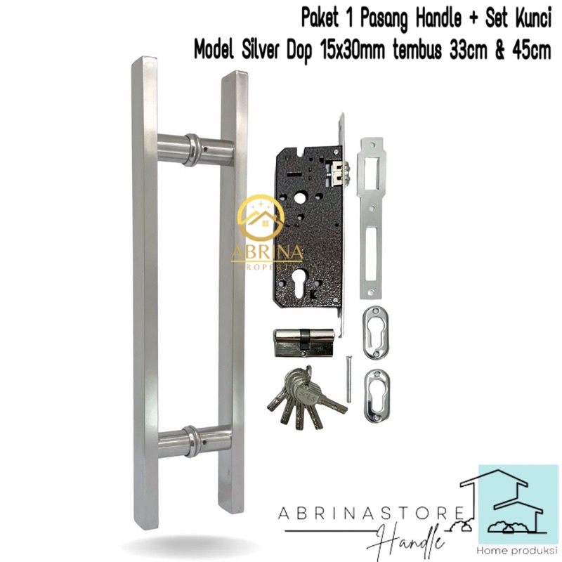 Jual paket handle pintu rumah kaki tembus set kunci panjang 33cm 45cm stainless tarikan gagang ...