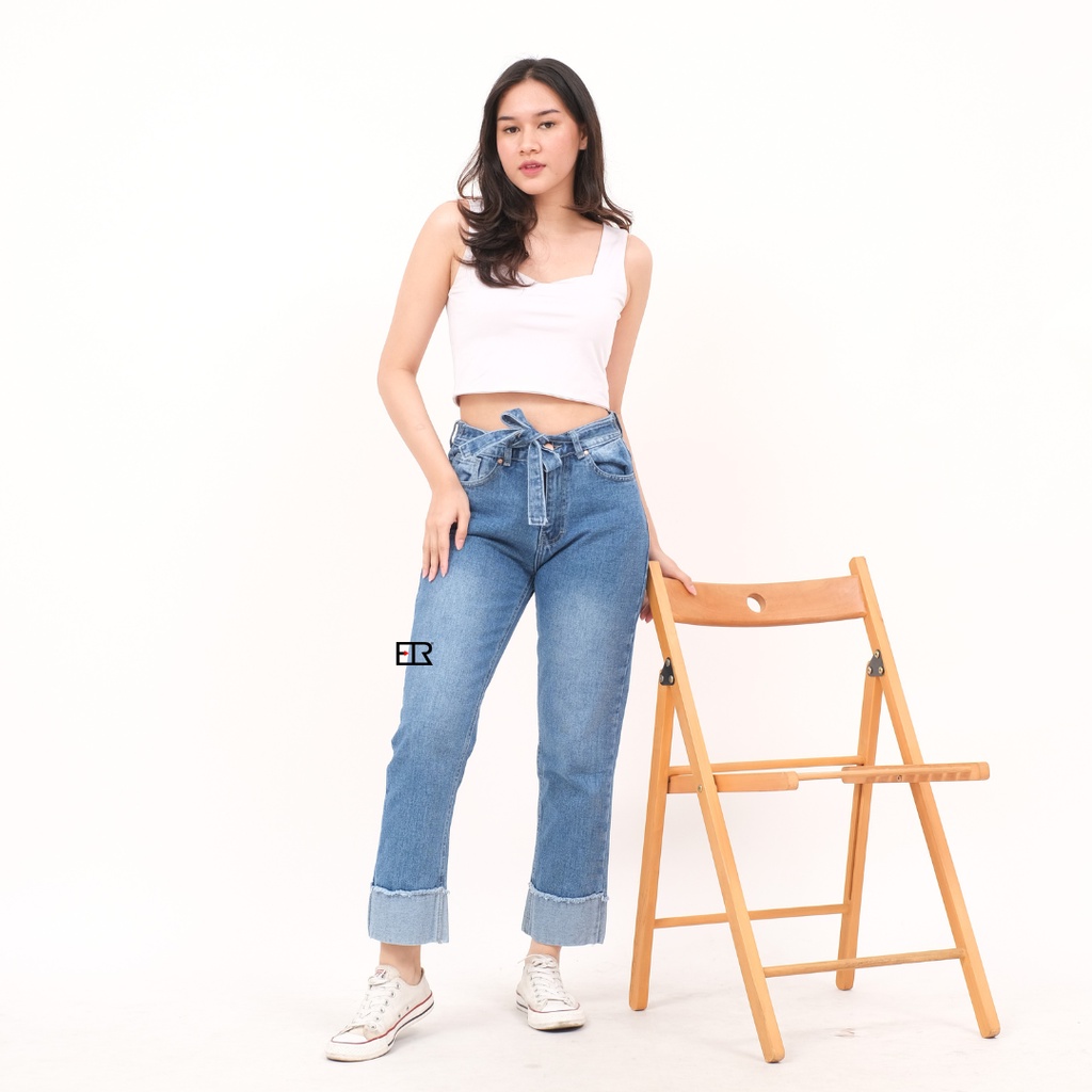 Jual Celana Boyfriend Jeans Wanita Highwaist Terbaru Model Roll Up Tali ...