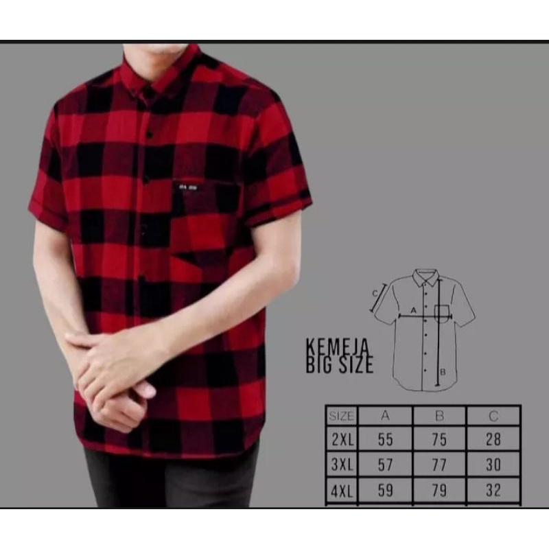 Jual kemeja flannel pria lengan pendek motif kotak catur merah size jumbo | Shopee Indonesia
