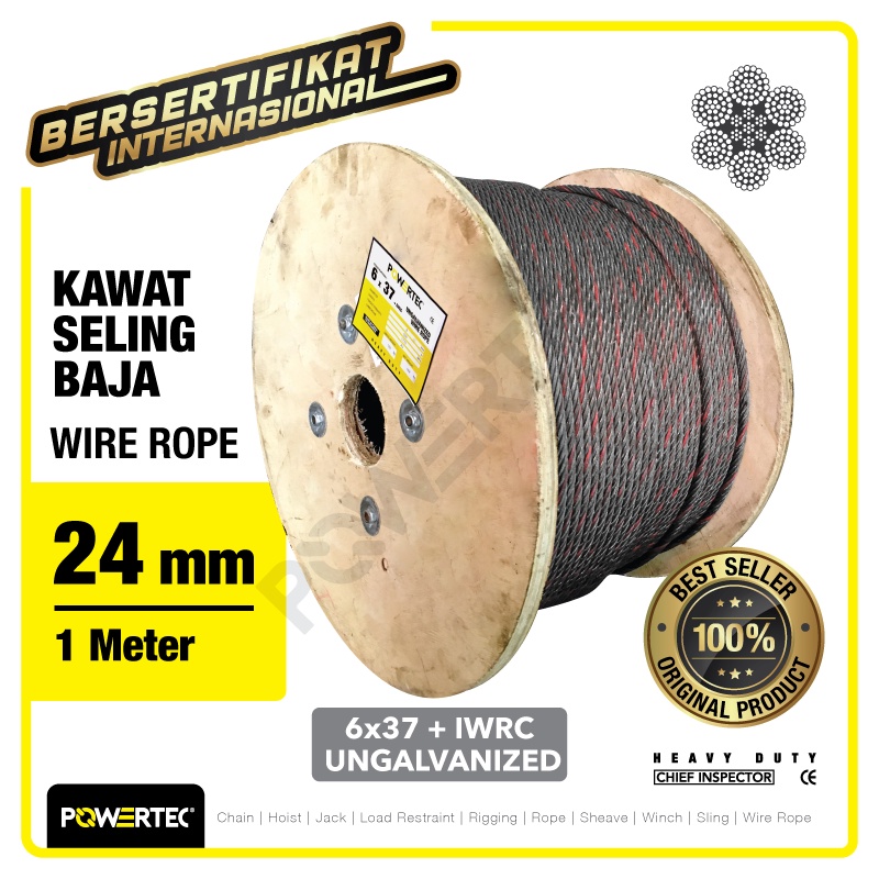 Jual POWERTEC Wire Rope / Kawat Seling Baja 6x37 IWRC 24mm Ungalv - 1 Meter | Shopee Indonesia