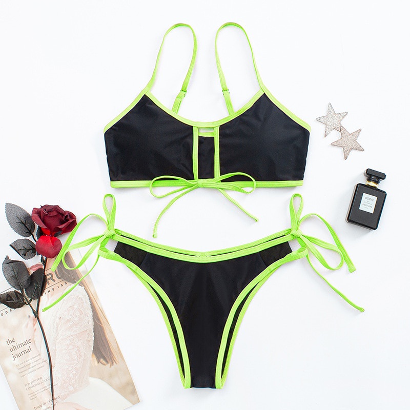 Jual PREORDER Women Beach Swimsuit Solid Lace Up Feminine Bikinis Set Patchwork White Swimwear ...