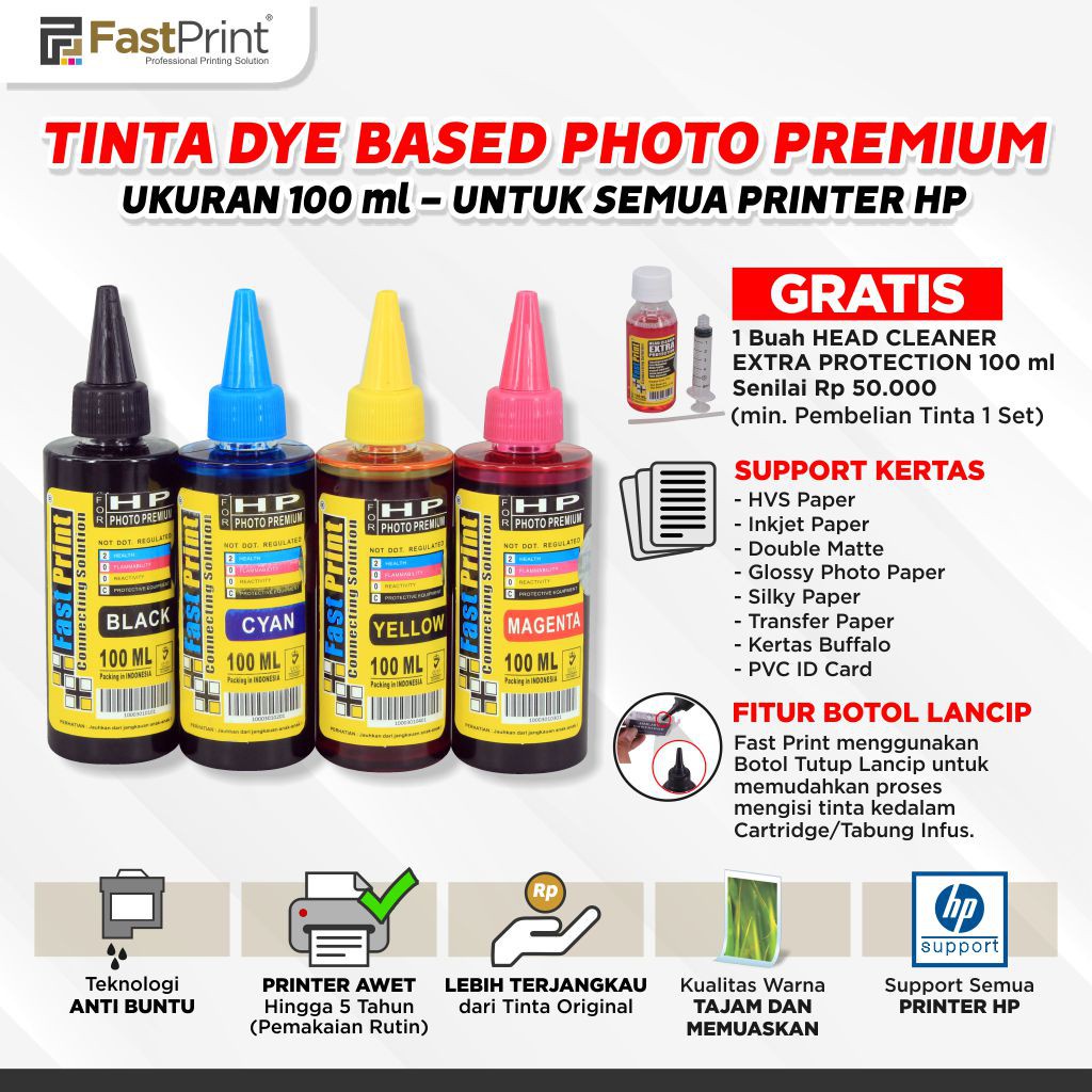Jual Tinta Photo Premium Fast Print Printer HP 1 Set 4 Warna 100 ML ...