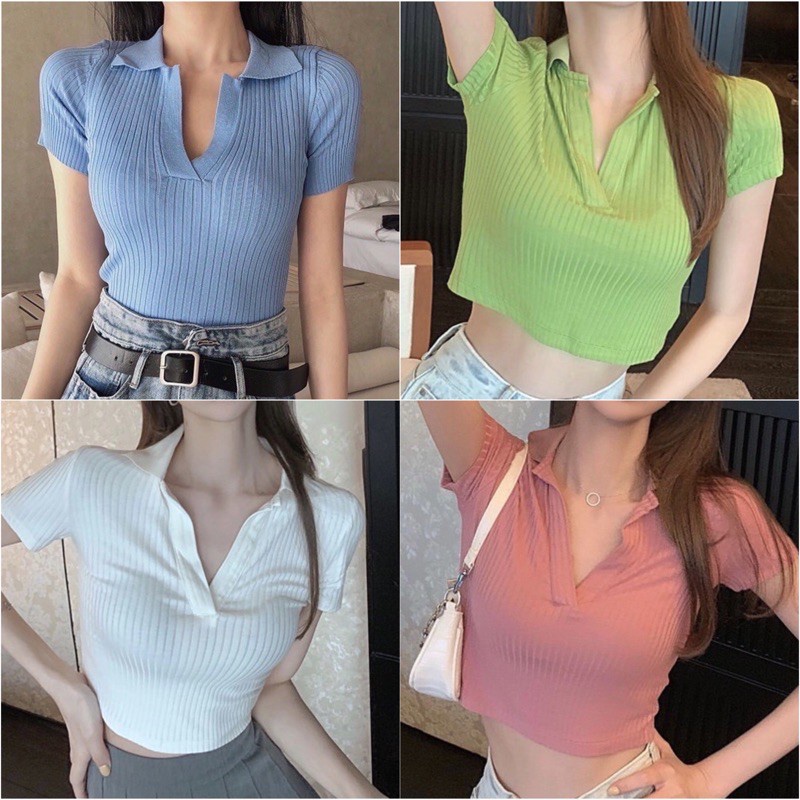 Jual PREMIUM-Atasan Kerah polo Rajut / Korean Vneck Kra Blouse / Polo Shirt Atasan Wanita ...