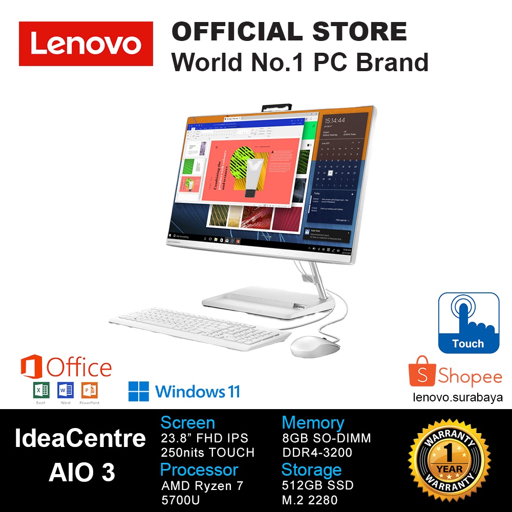 Jual LENOVO PC AIO ALL IN ONE 3 24ALC6 5YID RYZEN 7 5700U 8GB 512GB W11 ...