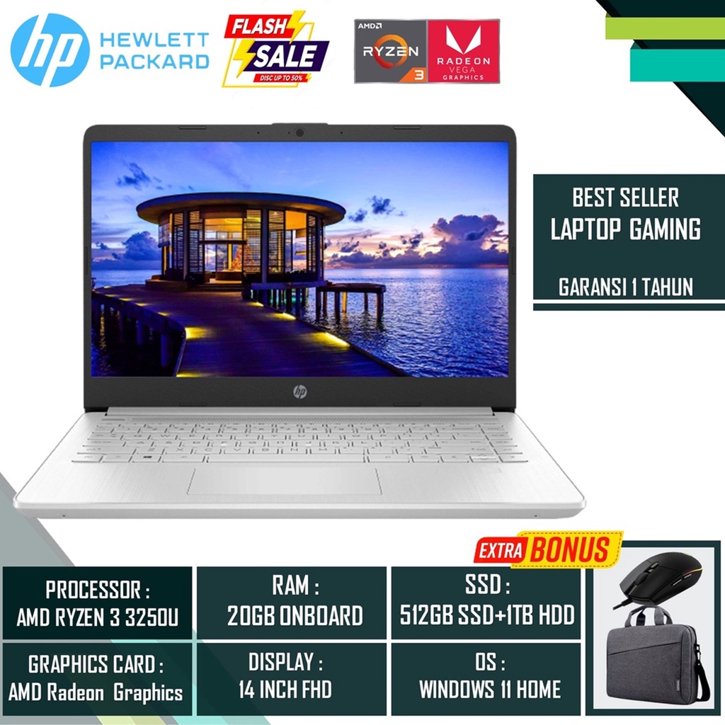 Jual LAPTOP GAMING TERBARU HP 14 AMD RYZEN 3 3250U 20GB 512GB SSD 1TB ...