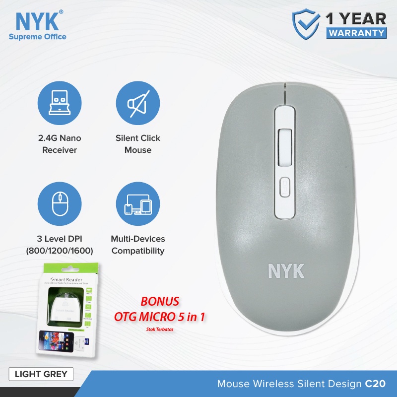 Jual NYK Mouse C20 Wireless Silent Light Grey | Shopee Indonesia