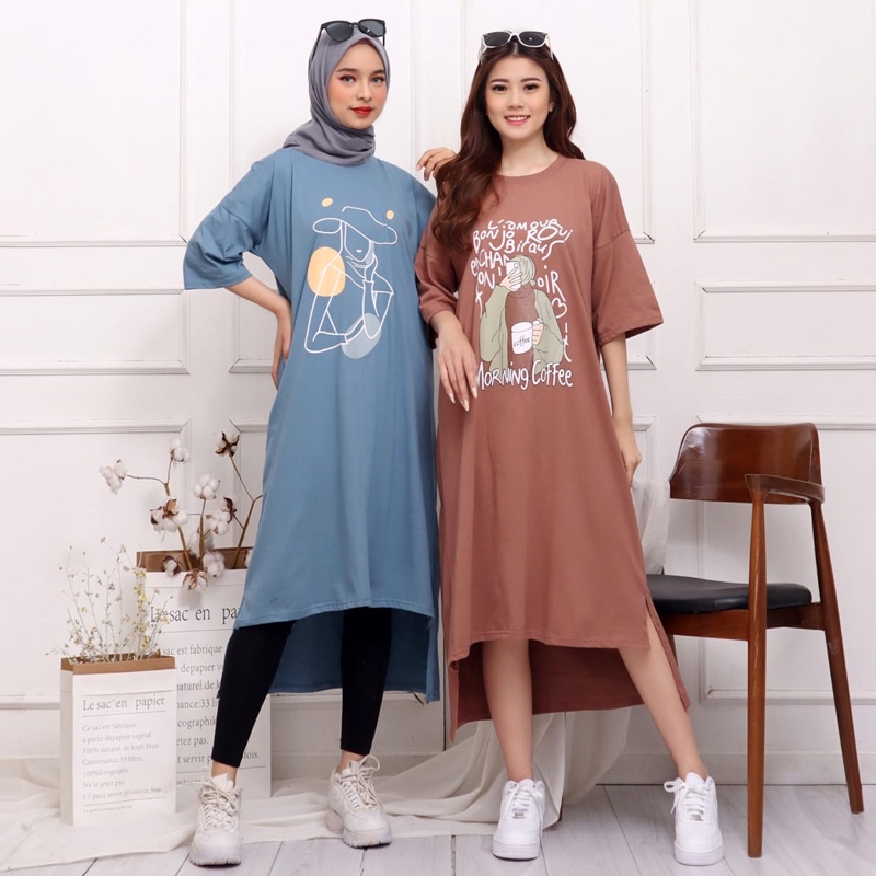 Jual TUNIK COMBED DRESS MIDI MOTIF SABLON GAMBAR BASIC OVERSIZED ...