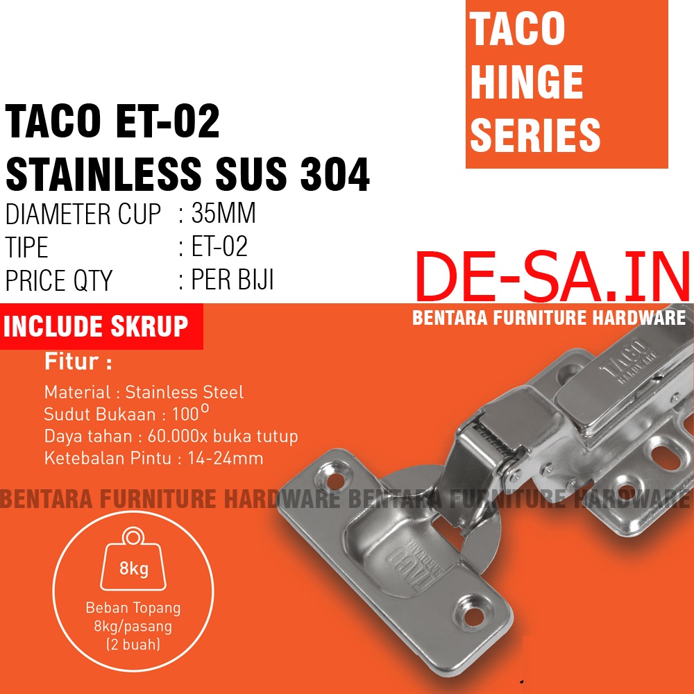 Jual TACO ET-02 STAINLESS SUS 304 SERIES 35MM ENGSEL SENDOK SLOW MOTION ...