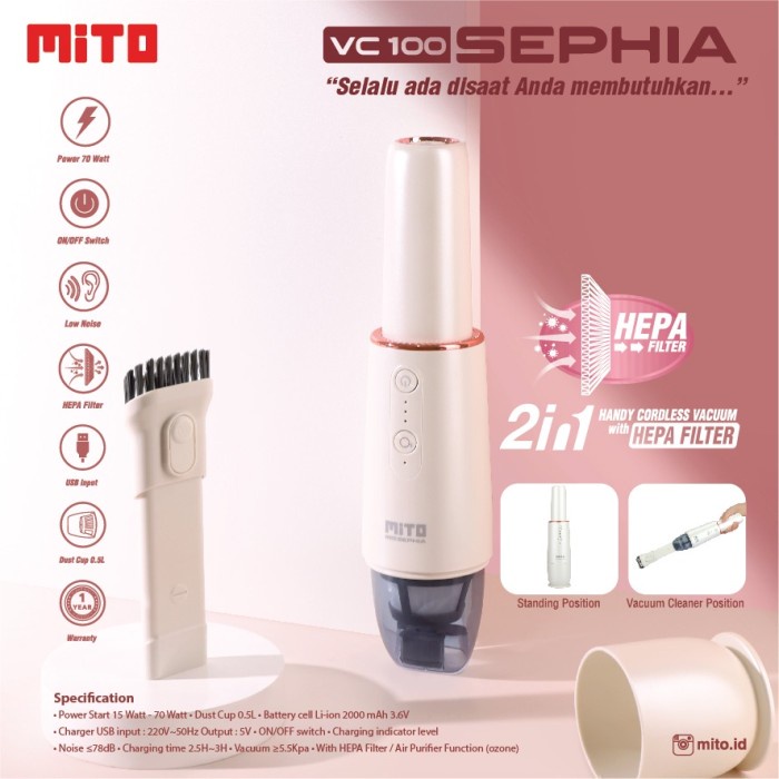 Jual Vacuum Cleaner Mito VC 100 VC100 Sephia Cordless Hepa Tanpa Kabel | Shopee Indonesia