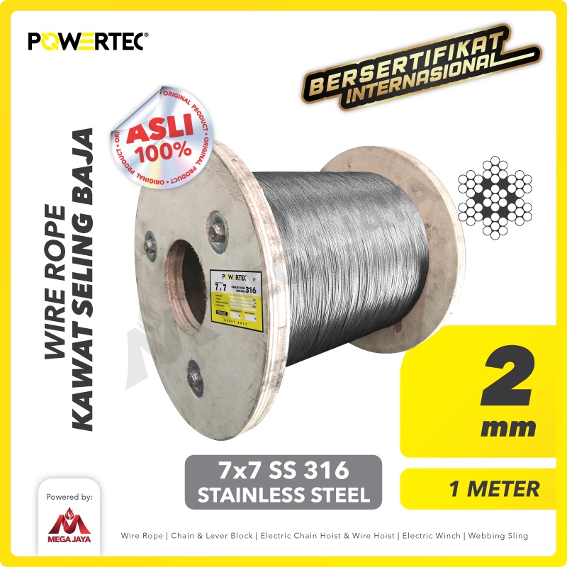 Jual POWERTEC Wire Rope / Kawat Seling Baja 7x7 SS 316 2mm - 1 Meter | Shopee Indonesia