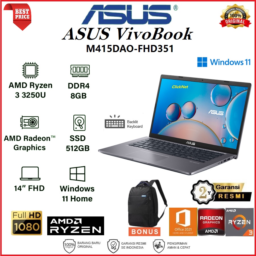 Jual ASUS VivoBook M415DAO FHD351 AMD R3-3250U 8GB 512GB SSD FHD WIN11 ...