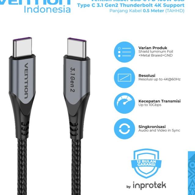 Jual Vention Kabel USB-C PD 100W USB Type C 3.1 Gen2 Thunderbolt 4K Support - TAH, 0.5 Meter ...