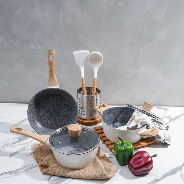Jual Set Panci Wajan Granite Anti Lengket Motif Gagang Kayu Cypruz ...
