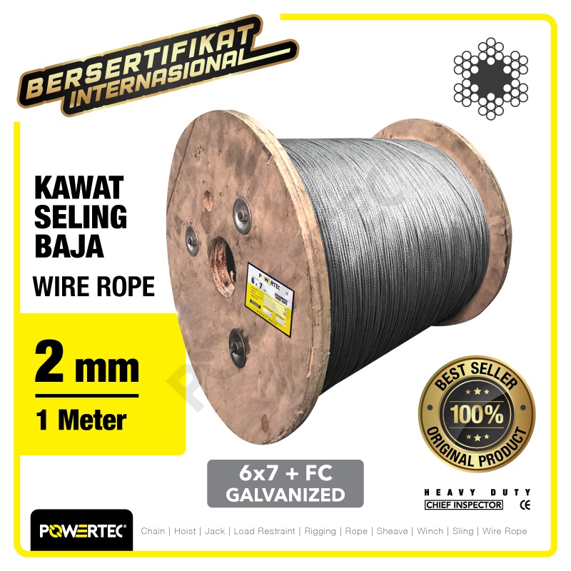 Jual POWERTEC Wire Rope / Kawat Seling Baja 6x7 FC 2mm Galv - 1 Meter | Shopee Indonesia