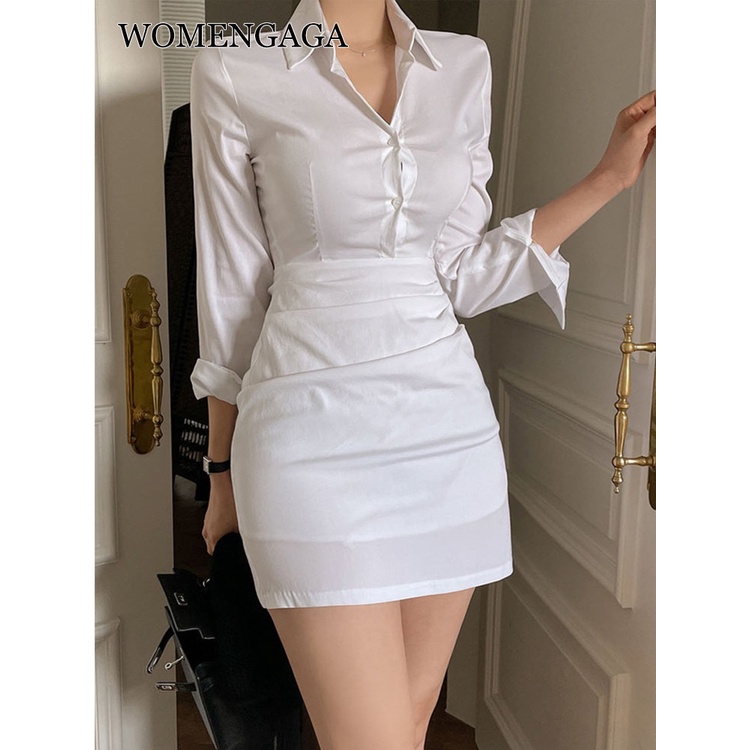 Jual PREORDER WOMENGAGA Sexy Polo Elegant White Mini Dress Goddess High Waist Slim Shirt Long ...