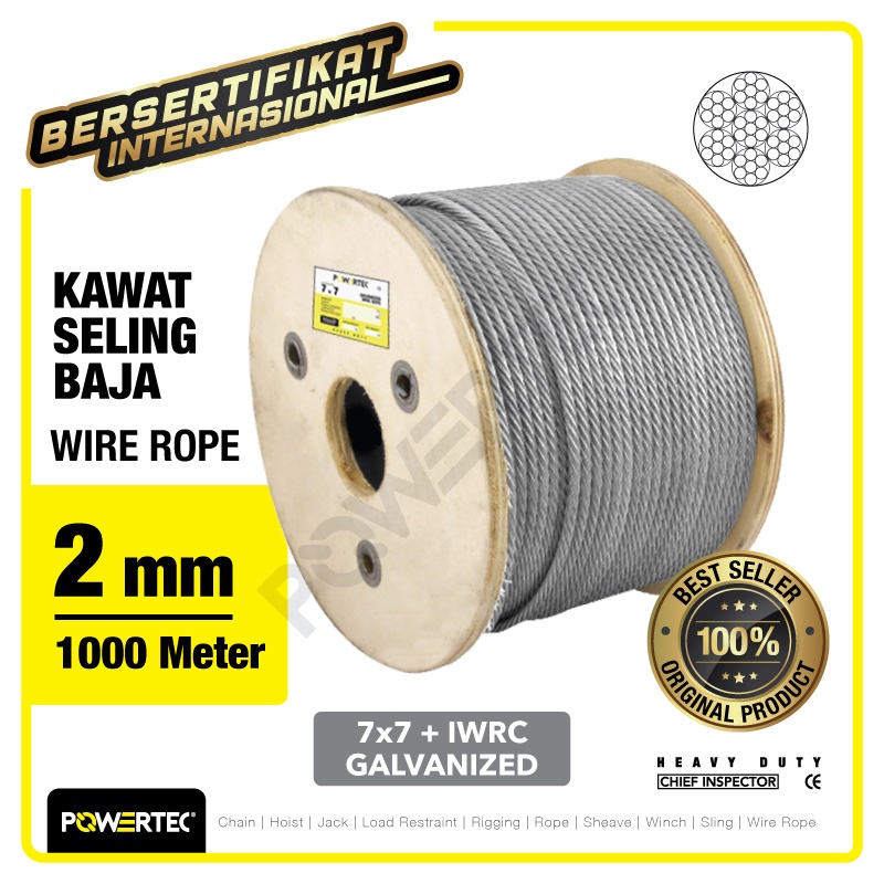 Jual POWERTEC Wire Rope / Kawat Seling Baja 7x7 IWRC 2mm Galv - 1000m | Shopee Indonesia