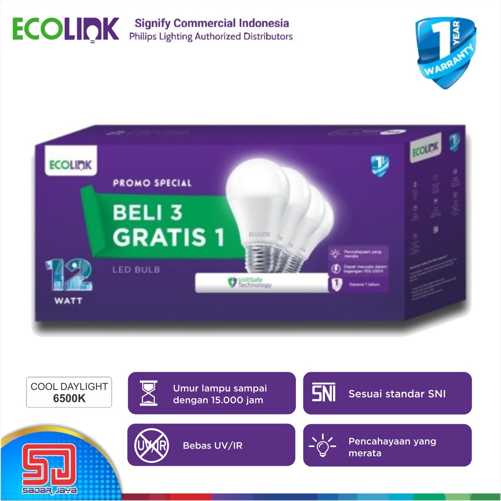 Jual Paket Beli 3 Gratis 1 ECOLINK Lampu 12W LED 12Watt Bulb Bohlam 12 Watt - 6500K Cool ...