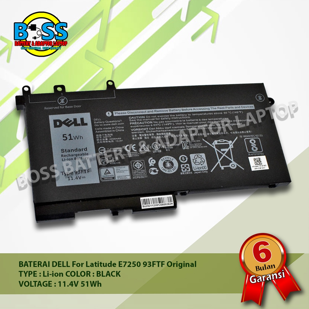 Jual Baterai Laptop Dell For Dell Latitude E7250 93FTF 11.4V 51Wh ...