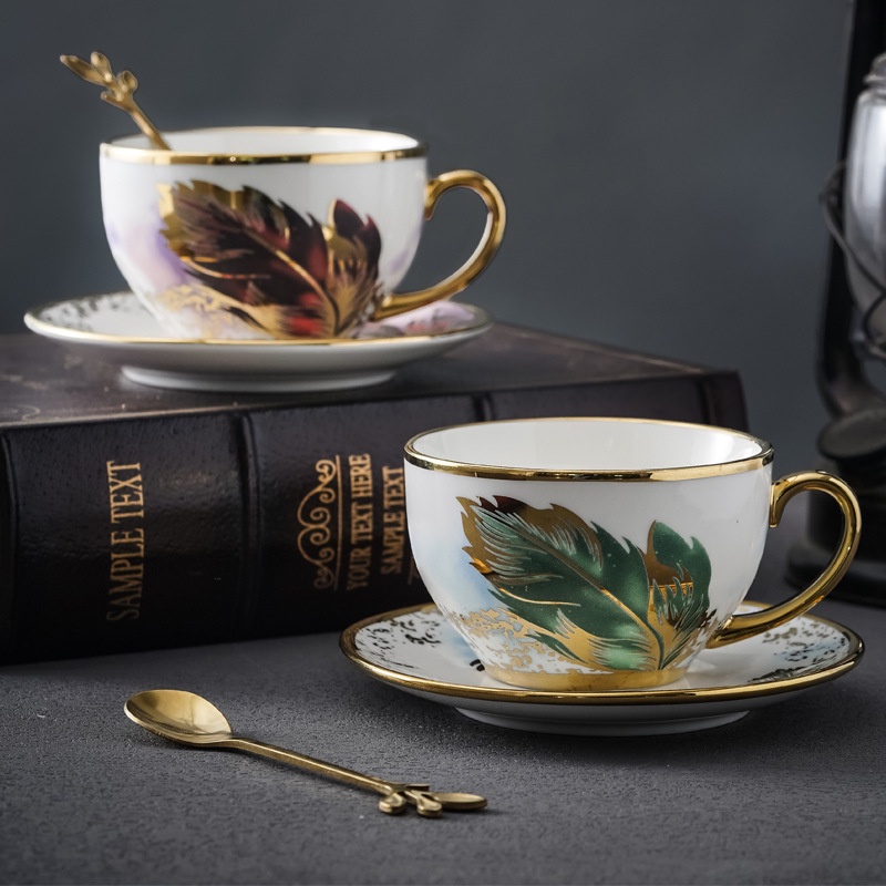 Jual ASHOME cangkir kopi atau teh keramik set motif daun list gold ...