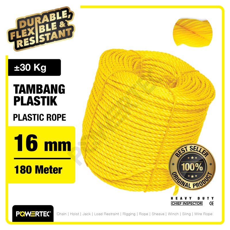 Jual POWERTEC Tali Tambang Plastik 16mm x 180m Plastic Rope - Kuning ...