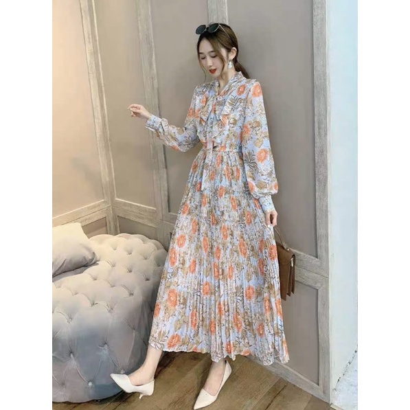 Jual [RARA]Maxi dress motif bunga panjang wanita plisket pita leher ...