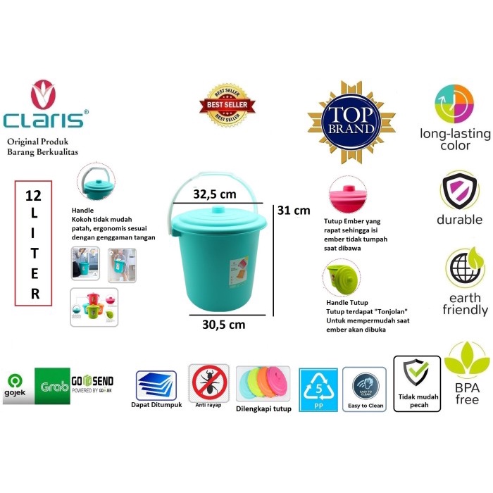 Jual Ember Claris Ember Pax 12 Liter Plastik Dgn Tutup & Pegangan Emb12 ...