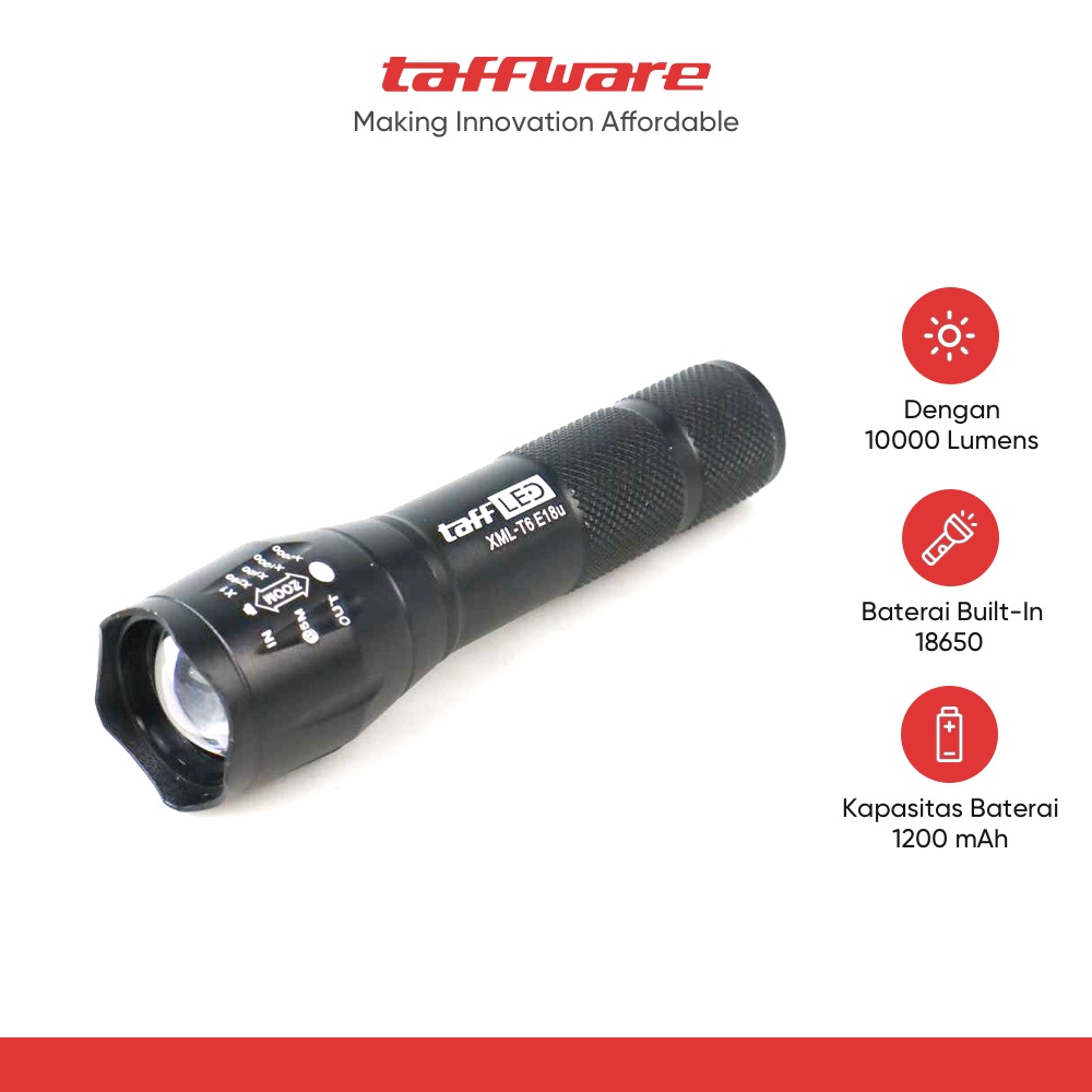 Jual TaffLED Senter LED Tactical USB Rechargable Flashlight Zoomable ...