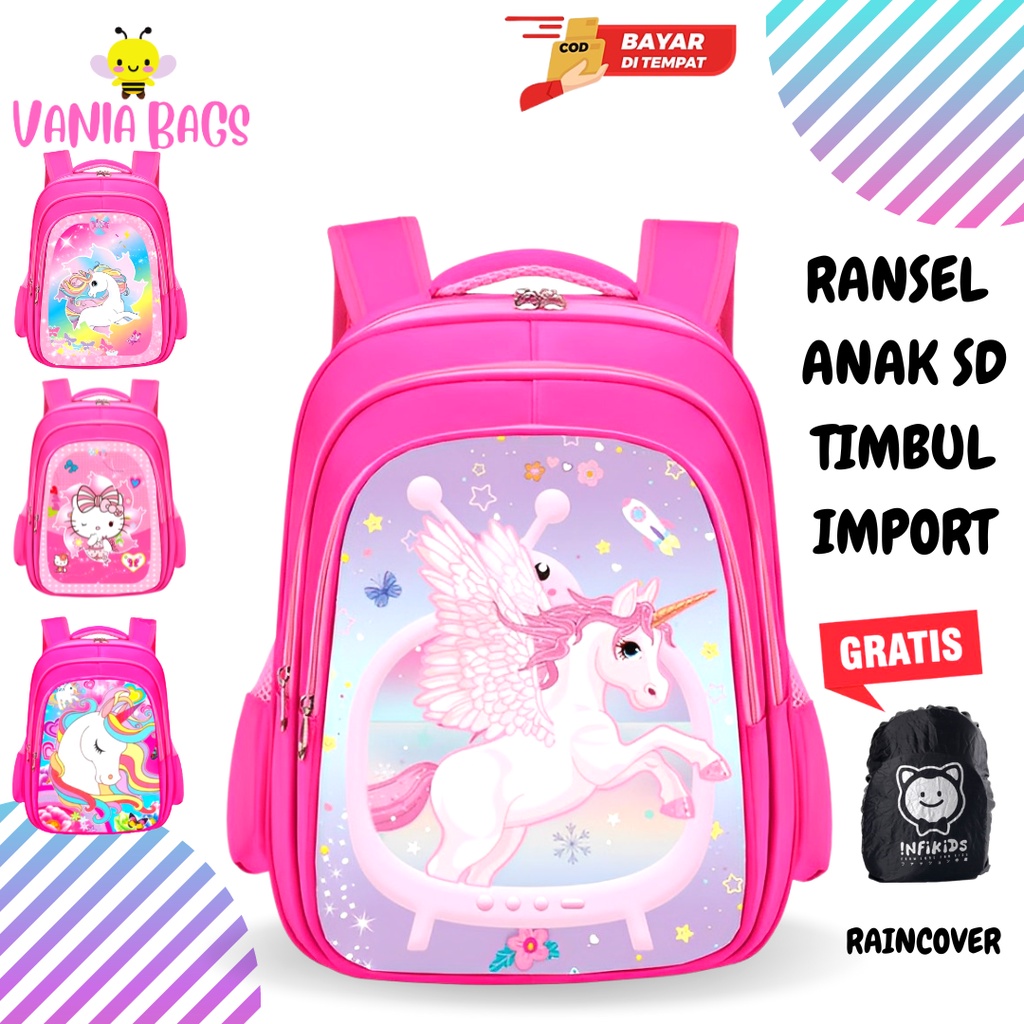 Jual Tas sekolah anak perempuan sd import gambar timbul karakter lucu gratis jas hujan anti air ...