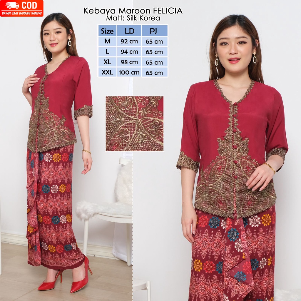 Jual Atasan Kebaya Bordir Modern Mewah Lengan 3/4 Warna Merah Maron ...